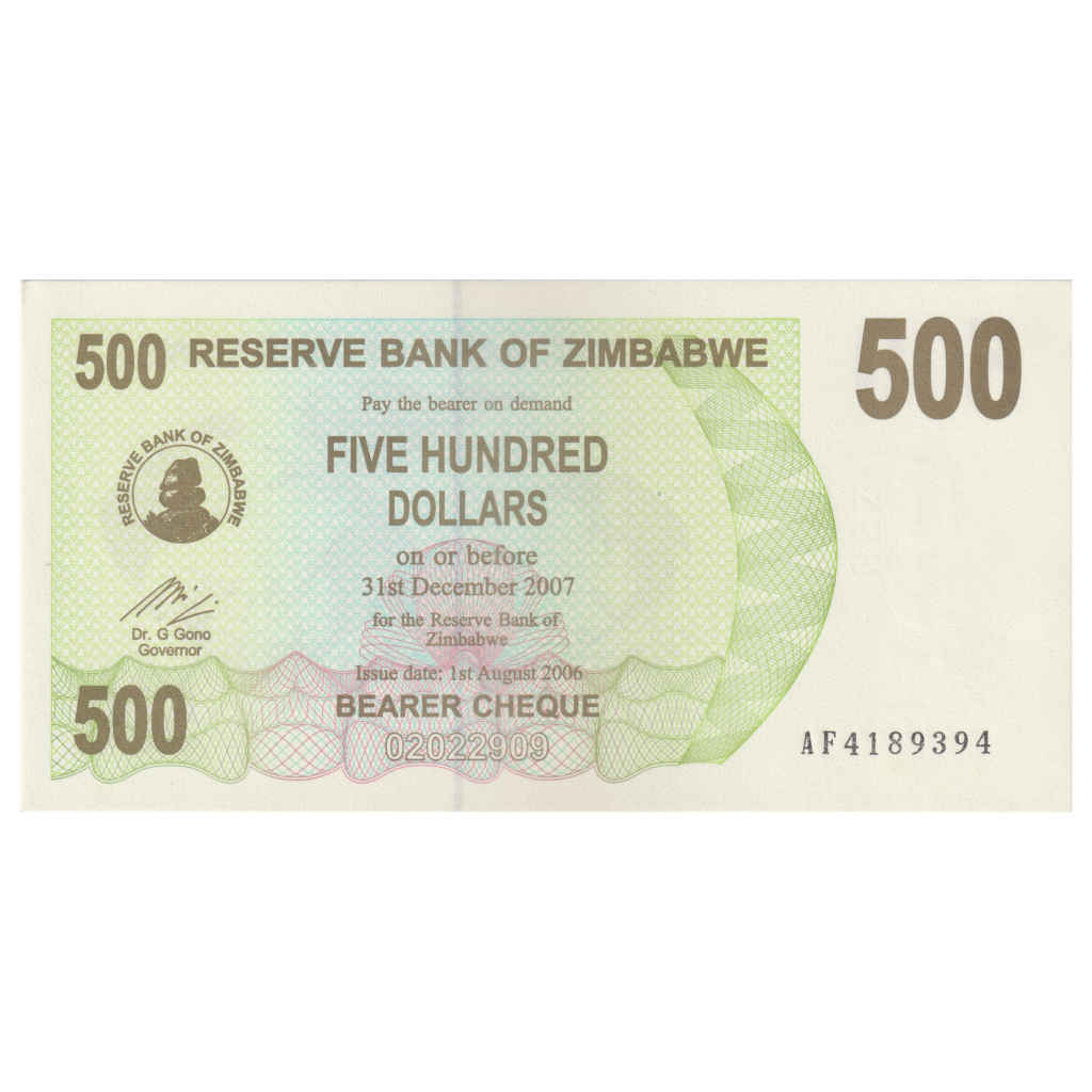 Zimbabwe 500 Dollars Bearer Cheque AUNC - CoinStamp.in